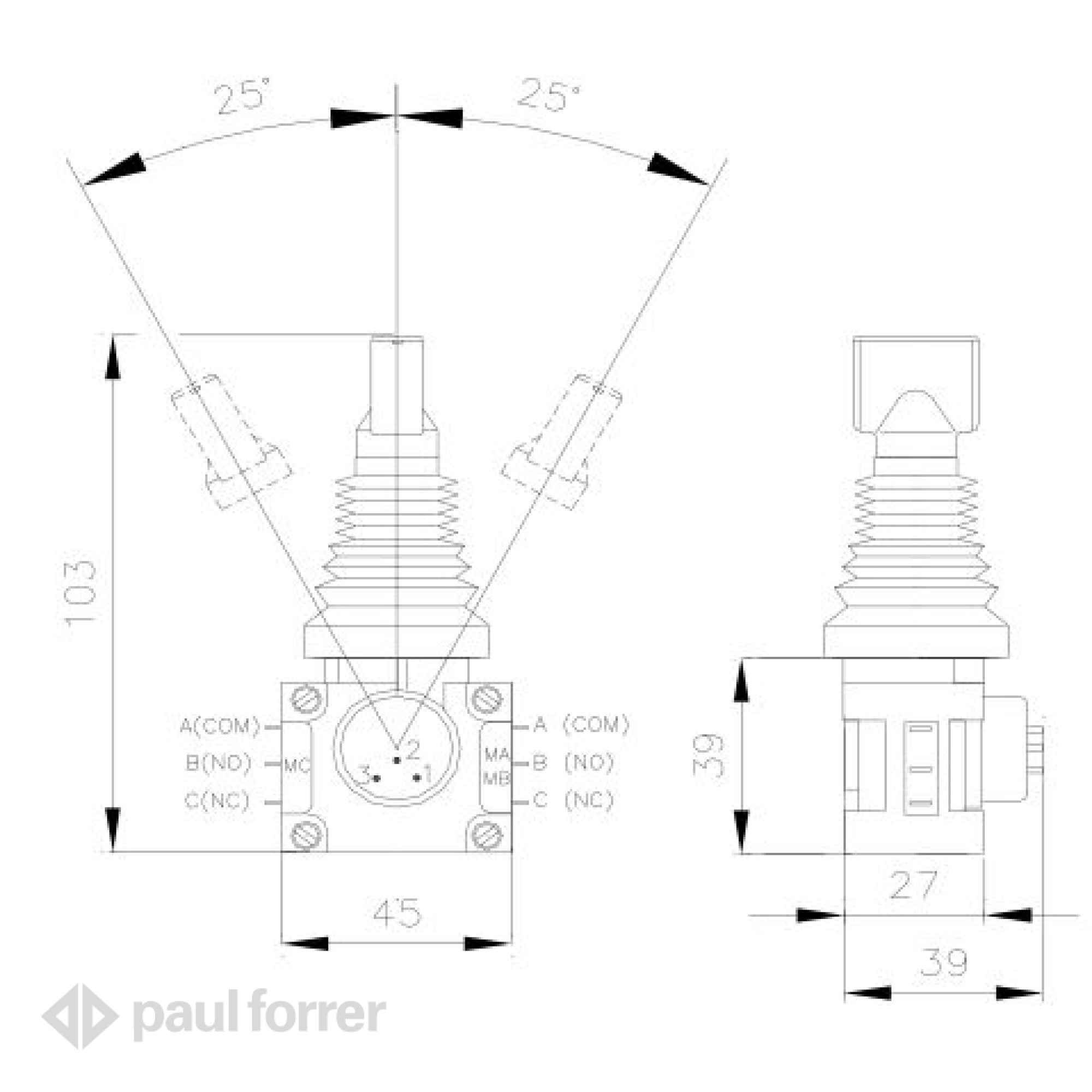Paul Forrer AG - Proportional-Joystick mit Schalter max. 48V, IP65